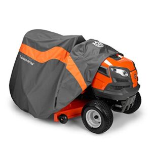 husqvarna 54-inch full-size lawn tractor cover for models: yt48cs, gt54cs, yt42ls, yt46ls, yt42dxls, yt48dxls, gt52xls, gt52xlsi, gt54ls, water-resistant riding lawn mower accessories, orange/gray