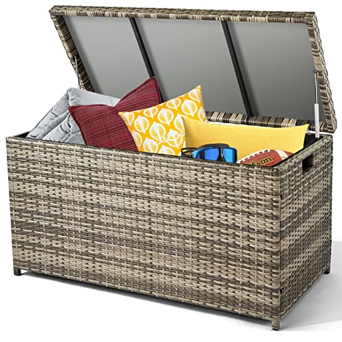 COSVALVE 130 Gallon Deck Box, Wicker Rattan Outdoor Storage Box, Patio Garden Furniture Container with Waterproof Cover for Outdoor Cushions & Pillows, Pool Toys, Garden Tools, Sports Equipment Supplies (Grey)