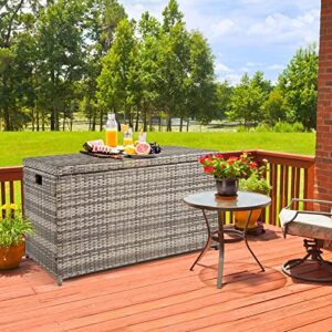 COSVALVE 130 Gallon Deck Box, Wicker Rattan Outdoor Storage Box, Patio Garden Furniture Container with Waterproof Cover for Outdoor Cushions & Pillows, Pool Toys, Garden Tools, Sports Equipment Supplies (Grey)