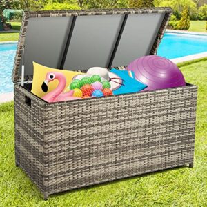 COSVALVE 130 Gallon Deck Box, Wicker Rattan Outdoor Storage Box, Patio Garden Furniture Container with Waterproof Cover for Outdoor Cushions & Pillows, Pool Toys, Garden Tools, Sports Equipment Supplies (Grey)