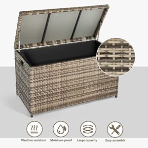 COSVALVE 130 Gallon Deck Box, Wicker Rattan Outdoor Storage Box, Patio Garden Furniture Container with Waterproof Cover for Outdoor Cushions & Pillows, Pool Toys, Garden Tools, Sports Equipment Supplies (Grey)