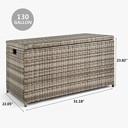 COSVALVE 130 Gallon Deck Box, Wicker Rattan Outdoor Storage Box, Patio Garden Furniture Container with Waterproof Cover for Outdoor Cushions & Pillows, Pool Toys, Garden Tools, Sports Equipment Supplies (Grey)