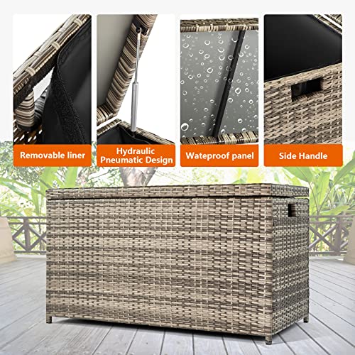 COSVALVE 130 Gallon Deck Box, Wicker Rattan Outdoor Storage Box, Patio Garden Furniture Container with Waterproof Cover for Outdoor Cushions & Pillows, Pool Toys, Garden Tools, Sports Equipment Supplies (Grey)