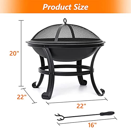 yingzheng Fire Pit,22in Portable Bonfire FirePits,Outdoor Firepit Steel BBQ Grill Fire Bowl with Spark Screen,for Backyard, Camping, Picnic, Bonfire, Garden Cover,Poker., Black