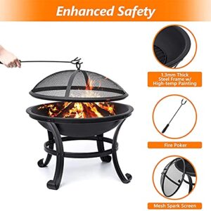 yingzheng Fire Pit,22in Portable Bonfire FirePits,Outdoor Firepit Steel BBQ Grill Fire Bowl with Spark Screen,for Backyard, Camping, Picnic, Bonfire, Garden Cover,Poker., Black