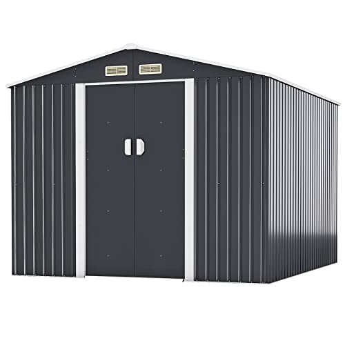 HOGYME 10.5' x 9.1' Storage Outdoor Shed, Large Sheds & Outdoor Storage Clearance Suitable for Tool Bike Lawn Mower Ladder, Metal Garden Shed w/ Lockable/Sliding Door, Gray