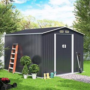 HOGYME 10.5' x 9.1' Storage Outdoor Shed, Large Sheds & Outdoor Storage Clearance Suitable for Tool Bike Lawn Mower Ladder, Metal Garden Shed w/ Lockable/Sliding Door, Gray