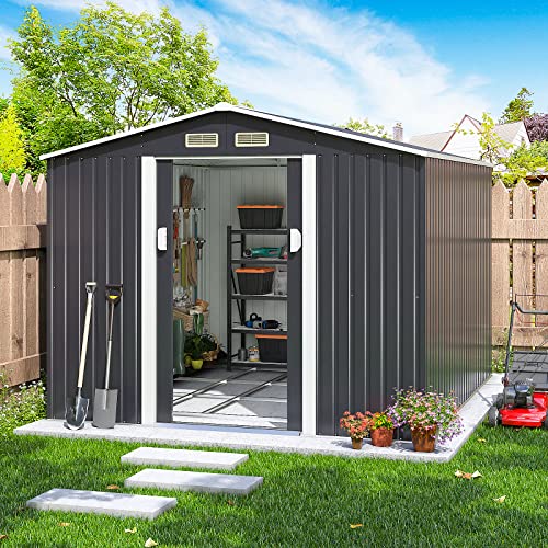 HOGYME 10.5' x 9.1' Storage Outdoor Shed, Large Sheds & Outdoor Storage Clearance Suitable for Tool Bike Lawn Mower Ladder, Metal Garden Shed w/ Lockable/Sliding Door, Gray