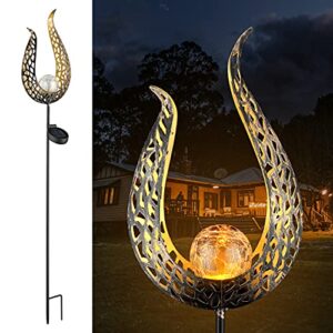 vcoken solar stake lights outdoor decorative – garden solar lights, flame shape bronze solar garden light, waterproof crackle glass led light for pathway, lawn, yard decor