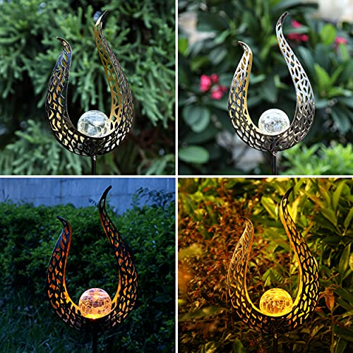 VCOKEN Solar Stake Lights Outdoor Decorative - Garden Solar Lights, Flame Shape Bronze Solar Garden Light, Waterproof Crackle Glass Led Light for Pathway, Lawn, Yard Decor