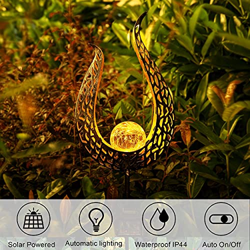 VCOKEN Solar Stake Lights Outdoor Decorative - Garden Solar Lights, Flame Shape Bronze Solar Garden Light, Waterproof Crackle Glass Led Light for Pathway, Lawn, Yard Decor