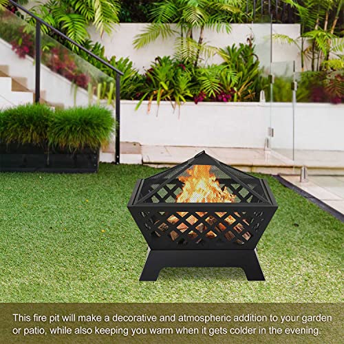 DLBJ Fire Pit Outdoor Wood Burning 25.2 inches Firepit Patio Outdoor Fire Pit with Poker Garden Fireplace for Cooking Grill Camping