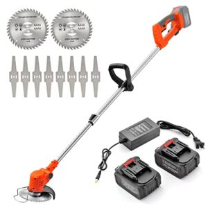 maxman weed wacker grass trimmer/edger battery powered,21v cordless weedeater lightweight electric brush cutter with 2 batteries and charger,10pcs metal blades lawn tool for home garden yard trimming