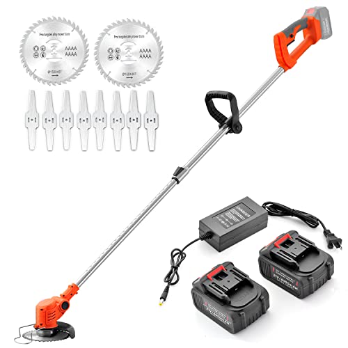 MAXMAN Weed Wacker Grass Trimmer/Edger Battery Powered,21V Cordless Weedeater Lightweight Electric Brush Cutter with 2 Batteries and Charger,10Pcs Metal Blades Lawn Tool for Home Garden Yard Trimming