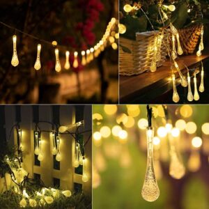 Outdoor Solar String Lights 25.7 Feet 40 Led Water Drop Solar Powered Lights with 8 Modes, Waterproof Fairy Crystal Lights for Patio Garden Yard Tree Wedding Party Decor, Warm White