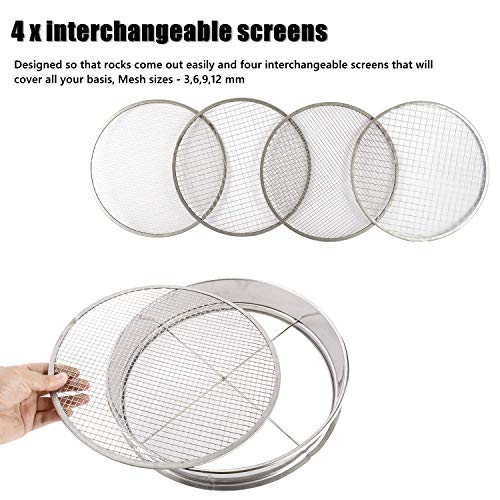 YaeCCC Garden Potting Mesh Sieve Sifting Pan - Stainless Steel Riddle - Mix Soil Filter - with 4 Interchangeable Mesh Sizes (Approx 1/8", 1/4", 3/8", and 1/2")