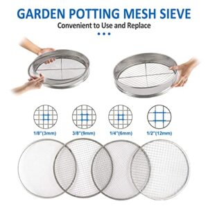 YaeCCC Garden Potting Mesh Sieve Sifting Pan - Stainless Steel Riddle - Mix Soil Filter - with 4 Interchangeable Mesh Sizes (Approx 1/8", 1/4", 3/8", and 1/2")