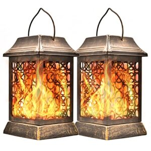 dolucky solar lights metal flickering flame solar lantern outdoor hanging lanterns lighting heavy duty solar powered flame lights outdoor waterproof for patio garden yard, pack of 2(bronze)