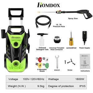 Homdox Pressure Washer 1.7 GPM Electric Pressure Washer 1800W High Pressure Washer Cleaner with 4 Nozzles, Foam Cannon Car Power Washer for Patio Garden Yard Vehicle (Green)