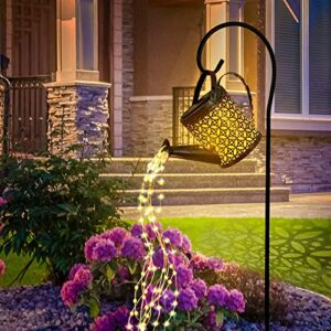 solar lights outdoor garden decor, led watering can lights star shower garden art light with bracket, starry fairy night light decoration for garden patio yard flowerbed parties outdoor pathway