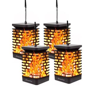 solar lanterns outdoor waterproof, arzerlize hanging solar powered lights dancing flame flickering garden decoration outside led halloween lantern auto on/off patio yard clearance yellow 4 pcs