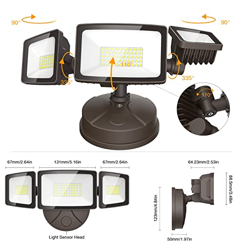 Onforu 55W LED Security Light, 5500LM Super Bright Outdoor Flood Light Fixture with 3 Adjustable Heads, IP65 Waterproof, 6500K White Wall Mount Exterior Security Light for Eave, Yard, Garden, Porch