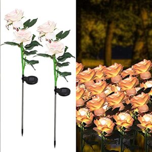 mikk solar garden stake flower lights, 2pack outdoor decorative floral lights, led artificial waterproof yard in-ground lights lights for garden lawn patio backyard.（pink rose）