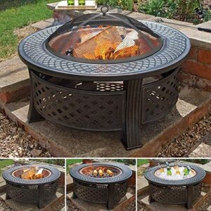 LEAYAN Garden Fire Pit Portable Grill Barbecue Rack Outdoor Fire Pit - 31 Inch Large Bonfire Wood Burning Patio & Backyard Firepit for with Spark Screen with Cover BBQ Cooking for Camping Backyard