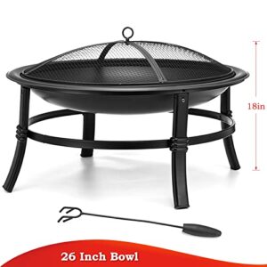 SINGLYFIRE 26 Inch Fire Pit for Outside Outdoor Wood Burning Firepit Bowl Heavy Duty Bonfire Pit Steel Firepit for Patio Backyard Camping Deck Picnic Porch with Spark Screen,Log Grate,Poker