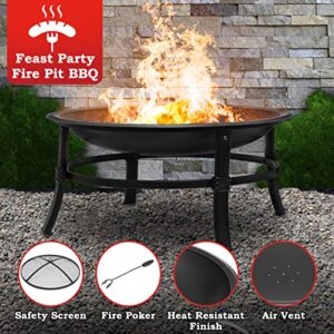 SINGLYFIRE 26 Inch Fire Pit for Outside Outdoor Wood Burning Firepit Bowl Heavy Duty Bonfire Pit Steel Firepit for Patio Backyard Camping Deck Picnic Porch with Spark Screen,Log Grate,Poker