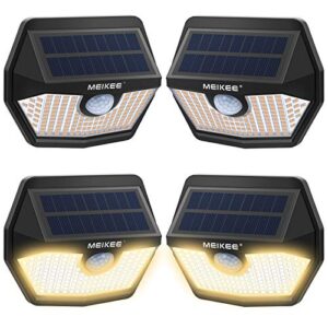 meikee solar lights outdoor motion sensor, 150 leds 2700k warm white solar motion light outdoor 270° wide angle, ip65 waterproof solar security lights for garden patio yard deck garage fence -4 pack