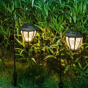 viewsun upgrade hanging solar lights, 34 inch warm white shepherd hook lights waterproof outdoor decorative solar lantern lights for garden decor, pathway, front porch, 2 pack