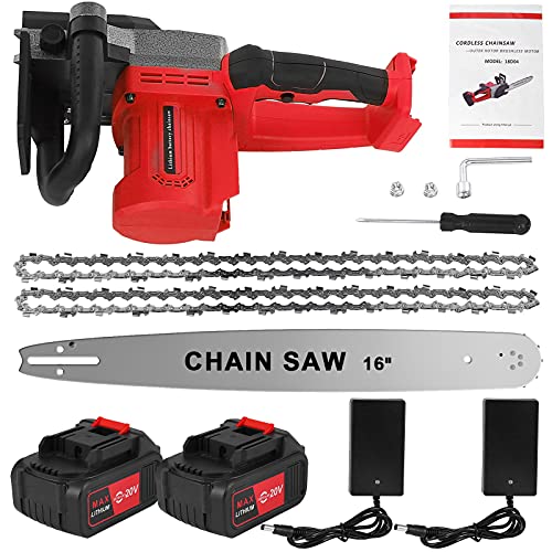 Electric Cordless Chainsaw, 42V 16-Inch Chain Saw Cutting Tools w/ 2 Batteries for Trees Wood Farm Garden Ranch Forest Cutting (Battery & Charger Included)