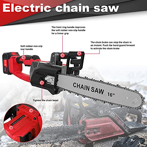 Electric Cordless Chainsaw, 42V 16-Inch Chain Saw Cutting Tools w/ 2 Batteries for Trees Wood Farm Garden Ranch Forest Cutting (Battery & Charger Included)