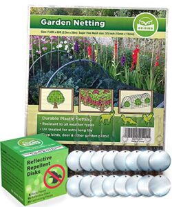 de-bird bundle includes: 8 pk reflective repellent disks & heavy duty bird netting to keep away woodpecker, pigeons, and protect plants & fruit trees