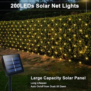 Solar Net Mesh String Lights Outdoor Waterproof 9.8ft x 6.6ft 200 LEDs Tree-wrap Lights,Dark Green Cable,8 Modes Decorative Lights for Party Christmas Wedding Garden Home Patio Lawn - Warm White