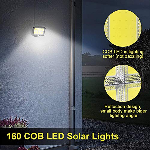 Solar Lights Outdoor Motion Sensor Security Led Flood Light 160 Bright COB LED, with 16.4Ft Cable, Adjustable Solar Panel 3 Lighting Modes Outside Solar Powered Flood Light for Yard Garden Garage