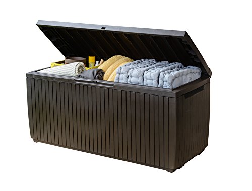 Keter Springwood 80 Gallon Resin Outdoor Storage Box for Patio Furniture Cushions, Pool Toys, and Garden Tools with Handles