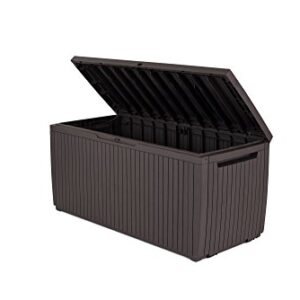 Keter Springwood 80 Gallon Resin Outdoor Storage Box for Patio Furniture Cushions, Pool Toys, and Garden Tools with Handles