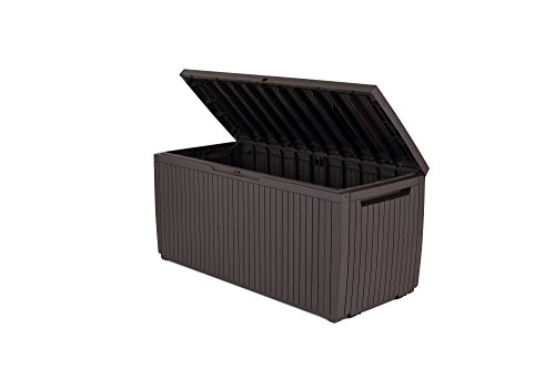 Keter Springwood 80 Gallon Resin Outdoor Storage Box for Patio Furniture Cushions, Pool Toys, and Garden Tools with Handles