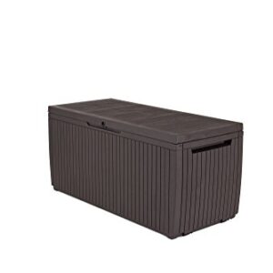 Keter Springwood 80 Gallon Resin Outdoor Storage Box for Patio Furniture Cushions, Pool Toys, and Garden Tools with Handles