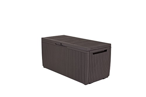 Keter Springwood 80 Gallon Resin Outdoor Storage Box for Patio Furniture Cushions, Pool Toys, and Garden Tools with Handles