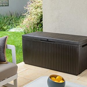 Keter Springwood 80 Gallon Resin Outdoor Storage Box for Patio Furniture Cushions, Pool Toys, and Garden Tools with Handles