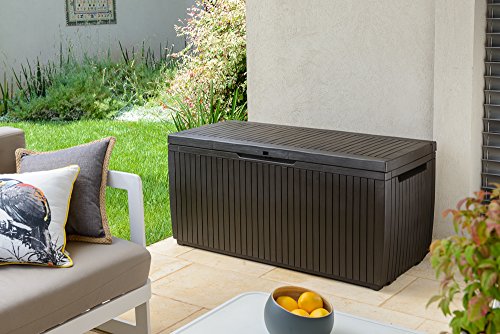 Keter Springwood 80 Gallon Resin Outdoor Storage Box for Patio Furniture Cushions, Pool Toys, and Garden Tools with Handles