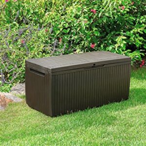 Keter Springwood 80 Gallon Resin Outdoor Storage Box for Patio Furniture Cushions, Pool Toys, and Garden Tools with Handles