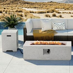 cosiest 2-piece outdoor propane fire pit table set w tank table, 42-inch terrazzo rectangle fire table (50,000 btu) w 16 inches tank cover side table 20lb, waterproof cover for garden, pool, backyard