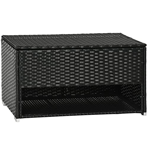 Outsunny Outdoor Deck Box & Waterproof Shoe Storage, PE Rattan Wicker Towel Rack with Liner for Indoor, Outdoor, Patio Furniture Cushions, Pool, Toys, Garden Tools, Black