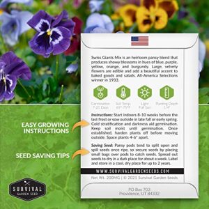 Survival Garden Seeds - Swiss Giant Mix Pansy Seed for Planting - 2 Packs with Instructions to Plant and Grow Beautiful and Edible Pansies in Your Home Vegetable Garden - Non-GMO Heirloom Variety