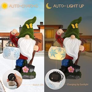 Mrsivrop Flocked Garden Gnomes Decorations for Yard with 2 Lantern Solar Lights, 11" Large Cute Garden Sculptures & Statues Outdoor Figurine Lawn Ornament Garden Gifts Decor for Outside Patio