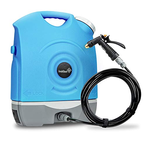 Ivation Multipurpose Portable Spray Washer w/Water Tank – Built in Rechargeable 2200 mAh Lithium Battery and 12v Car Plug - Metal Trigger Guns, Shower & Brush Heads and Flexible Hose